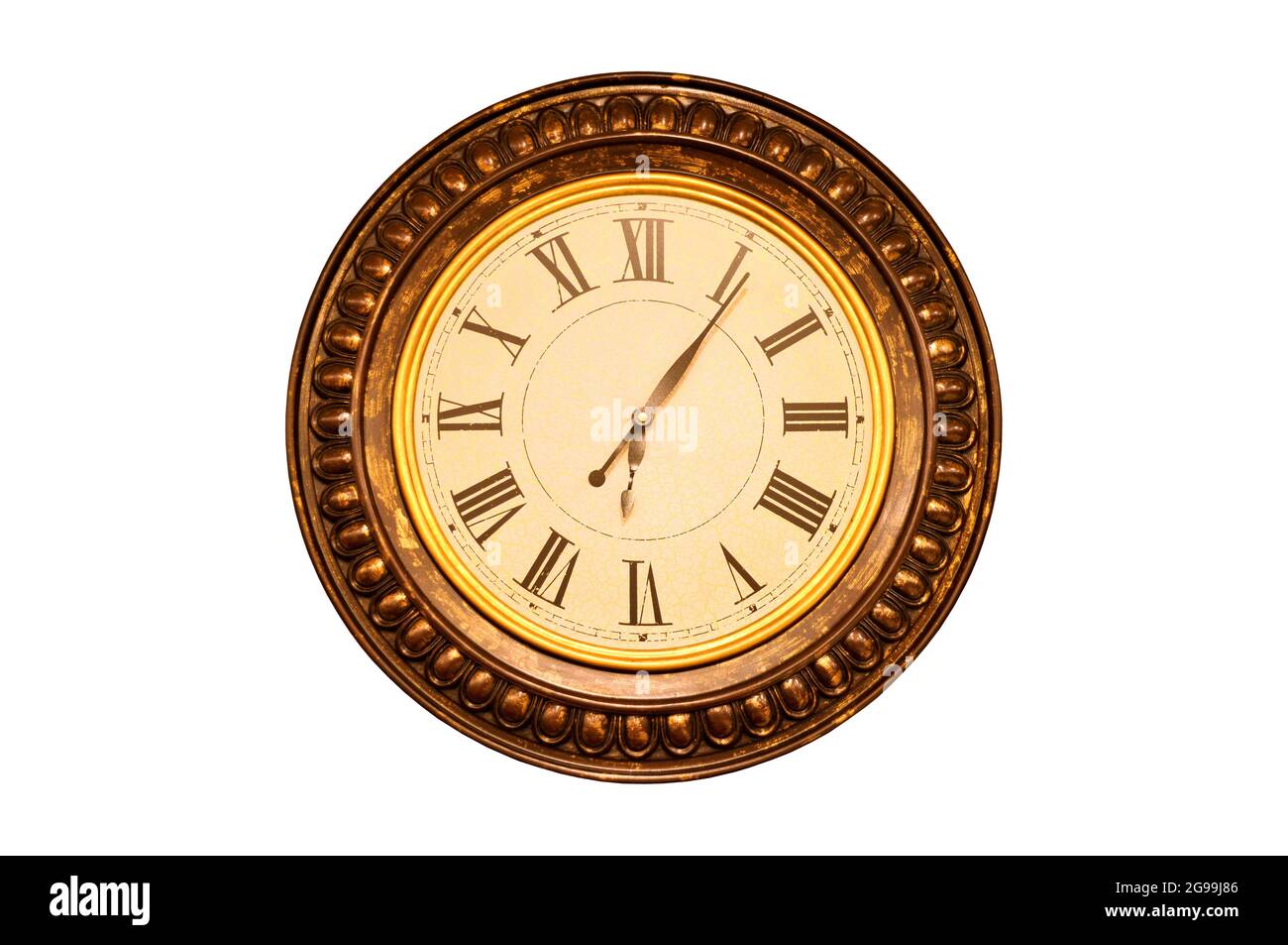 Roman numeral wall clock in a round wooden frame, isolated on white ...