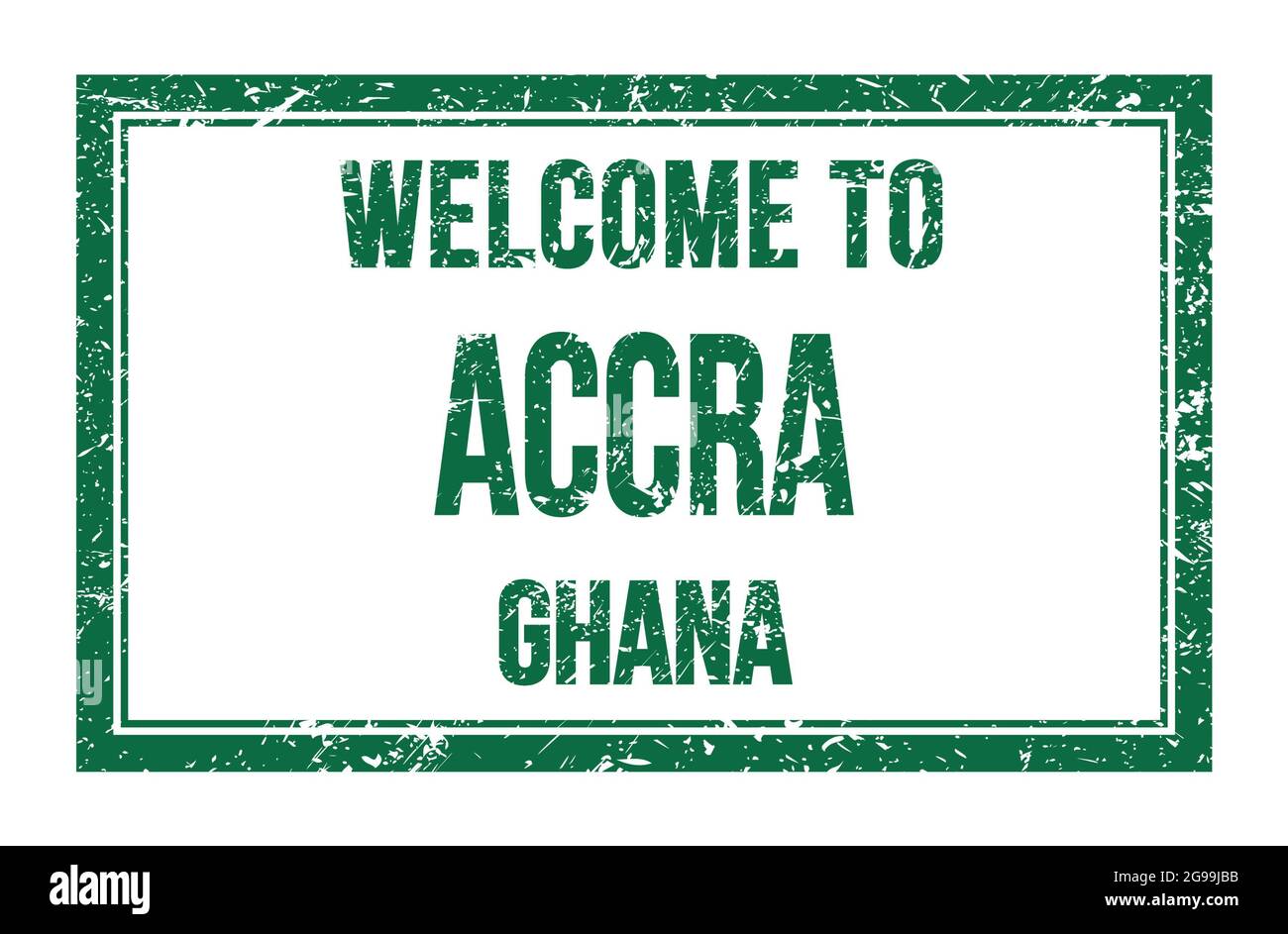 WELCOME TO ACCRA - GHANA, words written on green rectangle post stamp ...
