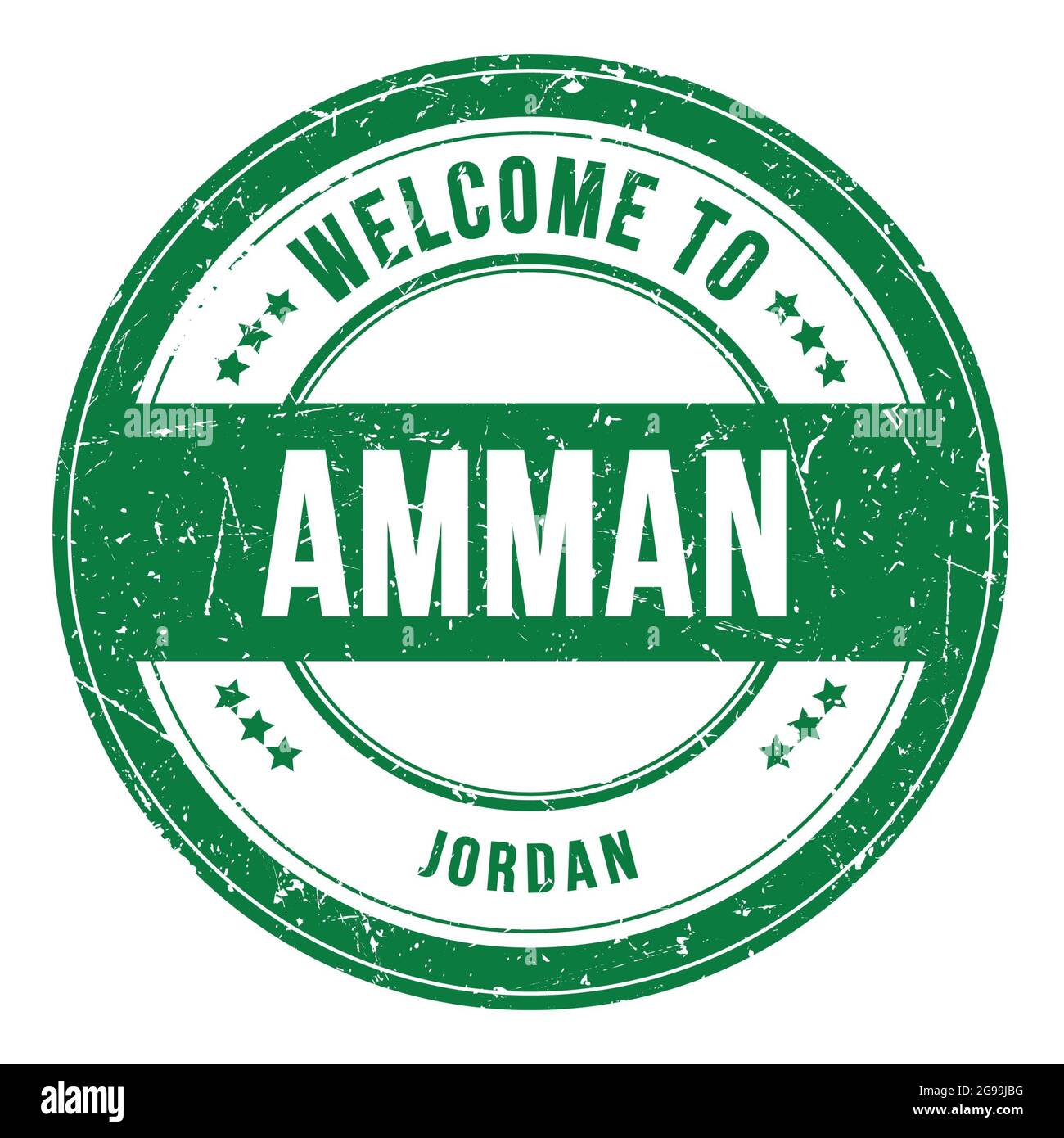 WELCOME TO AMMAN - JORDAN, words written on green round coin stamp ...