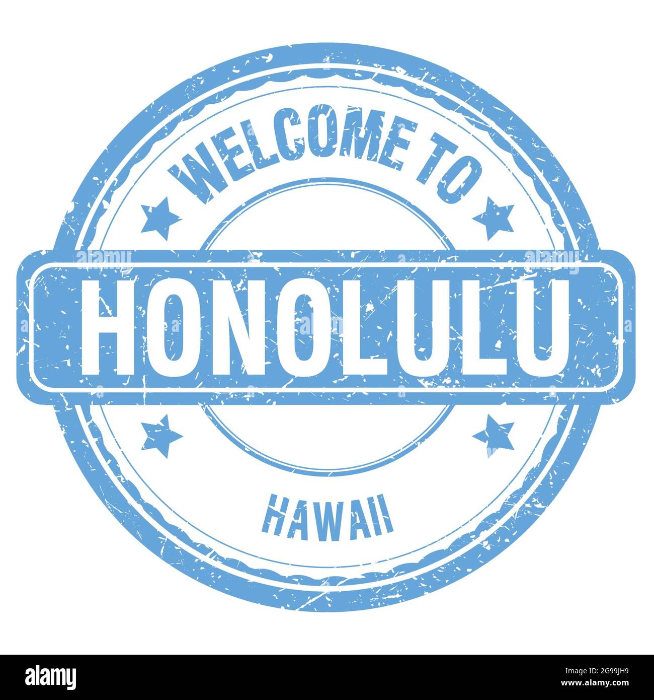 WELCOME TO HONOLULU - HAWAII, words written on light blue grungy stamp ...