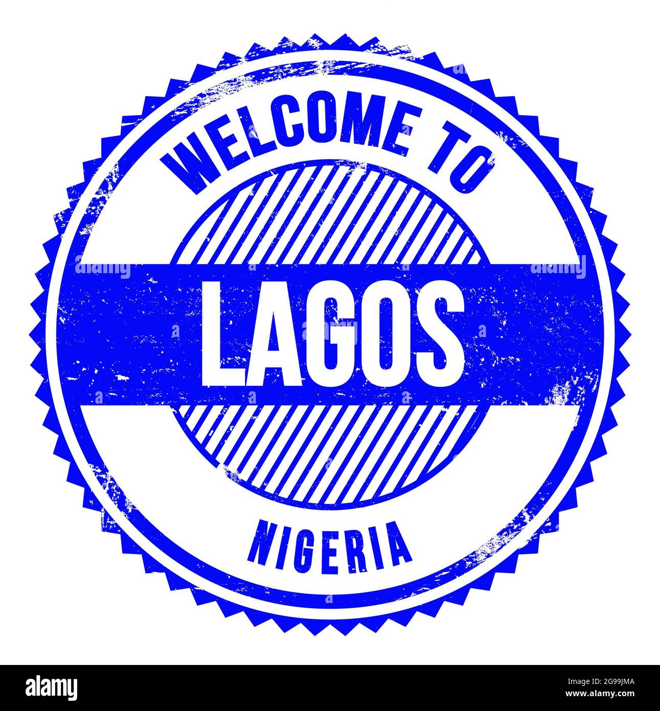 WELCOME TO LAGOS - NIGERIA, words written on blue zig zag stamp Stock ...