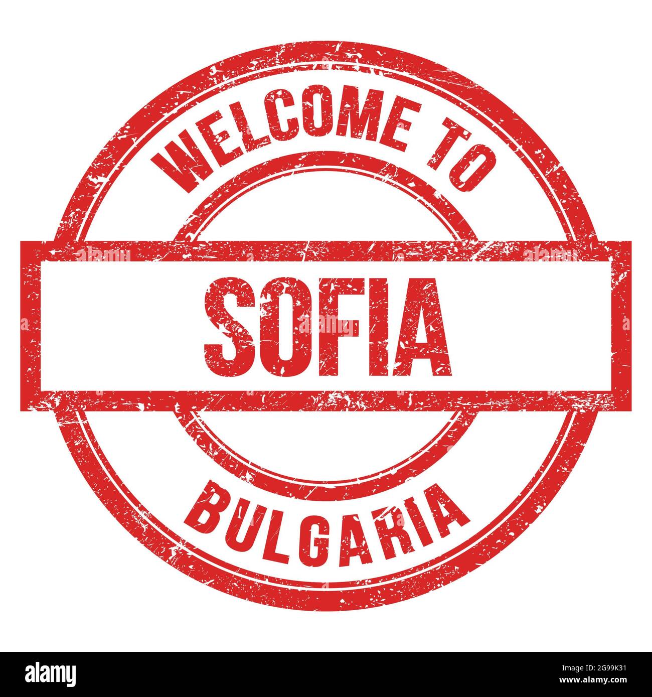 WELCOME TO SOFIA - BULGARIA, words written on red round simple stamp ...
