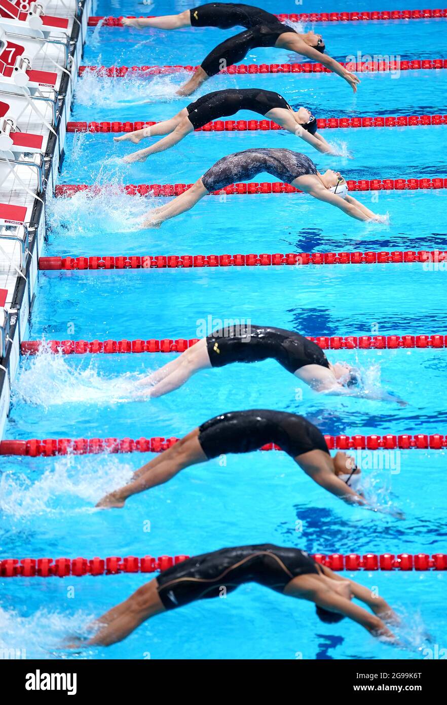 Swimmers during the Women's 100m Freestyle heat 3 at the Tokyo Aquatics ...