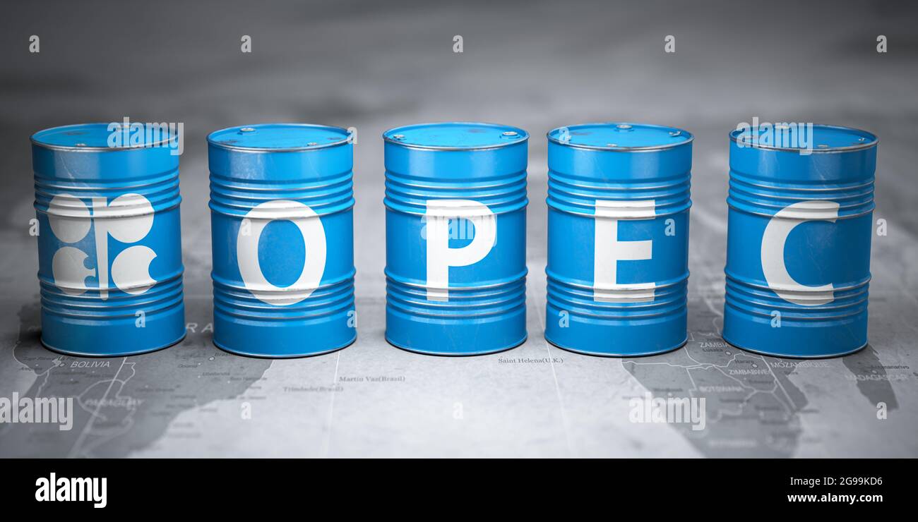 OPEC symbol on oil barrels on world political map background. 3d ...