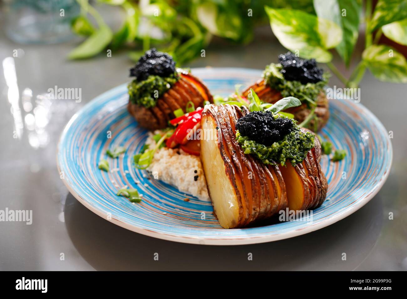 Baked potatoes with herb pesto and cottage cheese Dish on a plate, food ...
