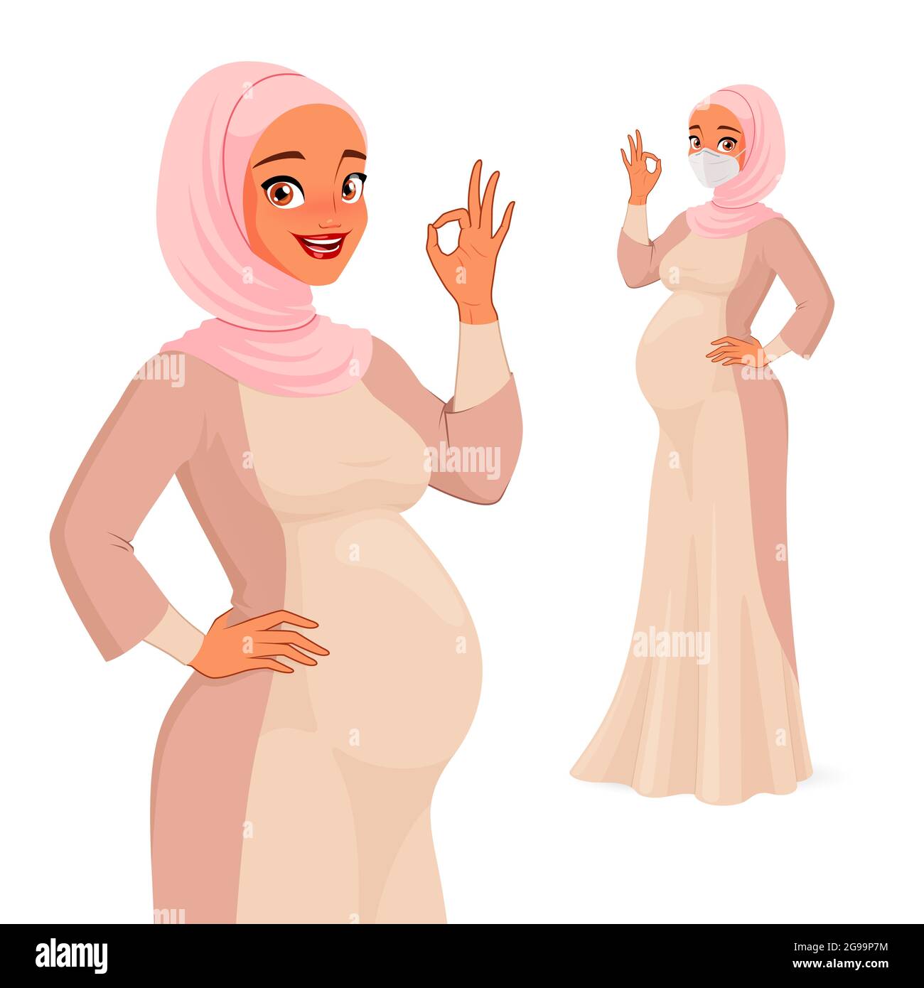 Happy pregnant Muslim woman showing OK. Vector character Stock Vector ...