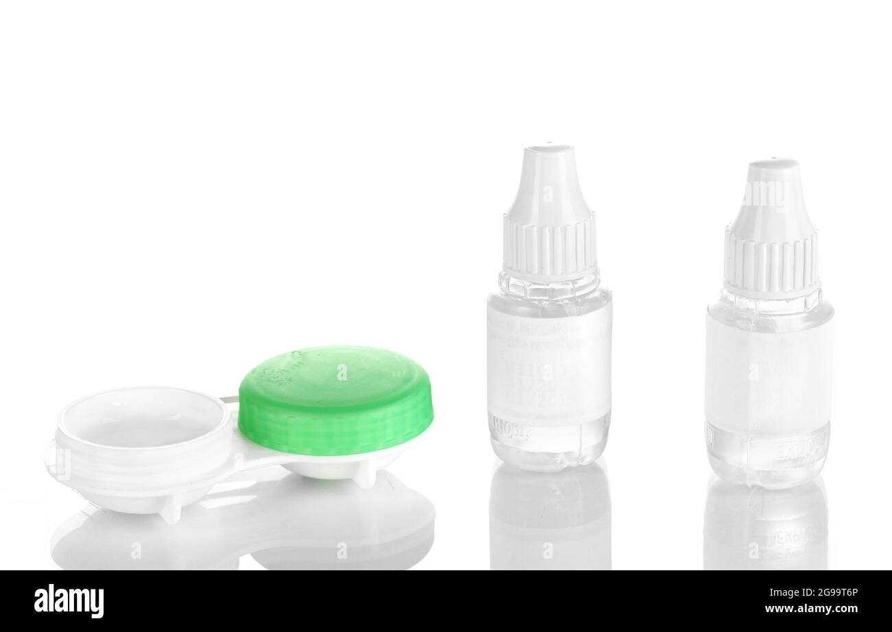 Eye drops and lenses isolated on white Stock Photo - Alamy
