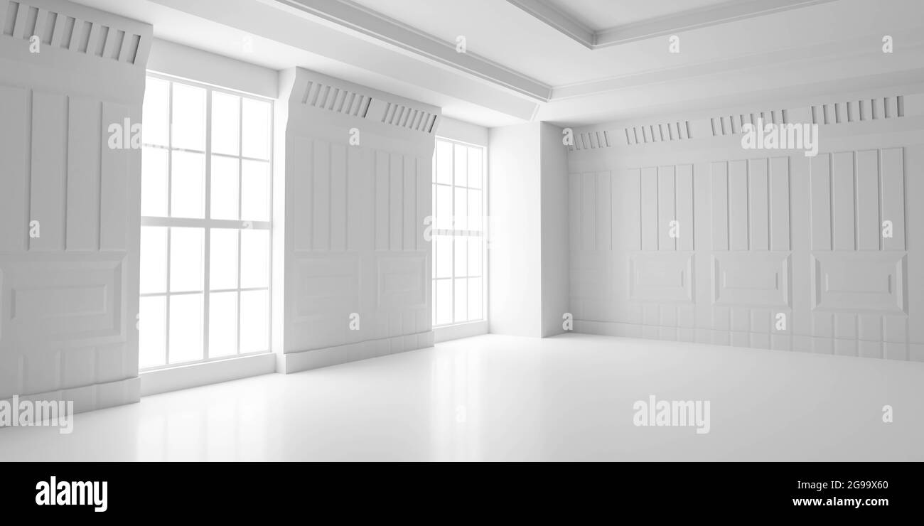 white empty lounge classic bright studio interior with big windows and ...