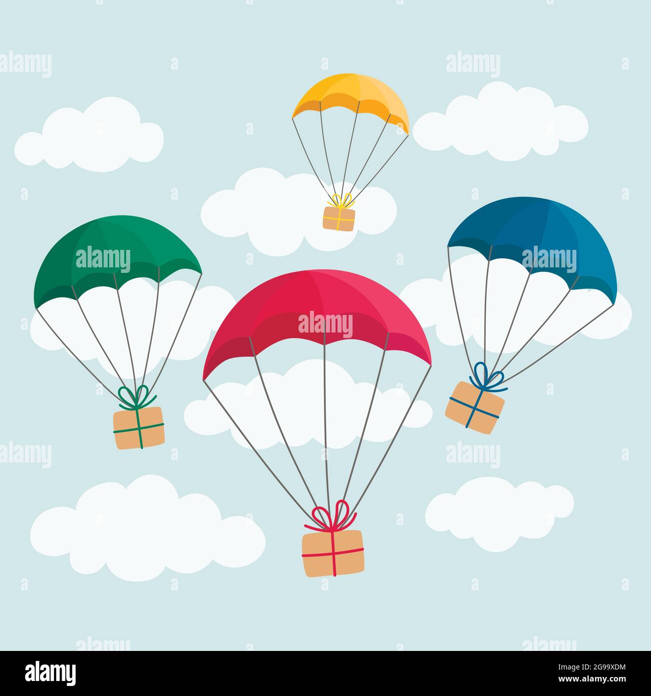 Delivery concept. Colorful parachute carrying gift boxes on light blue ...