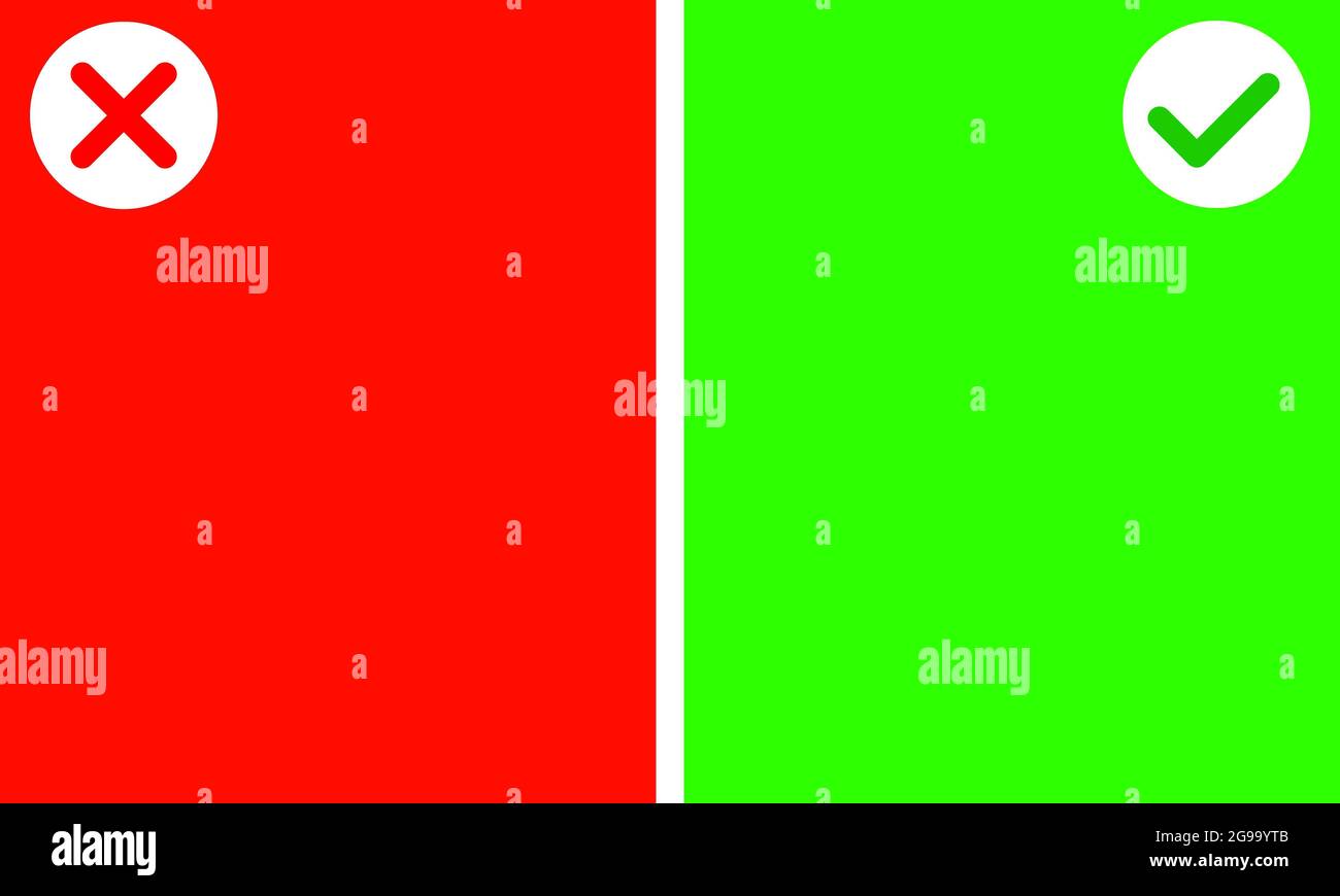 An illustration with a green tick, red cross flat icons, and copy space ...