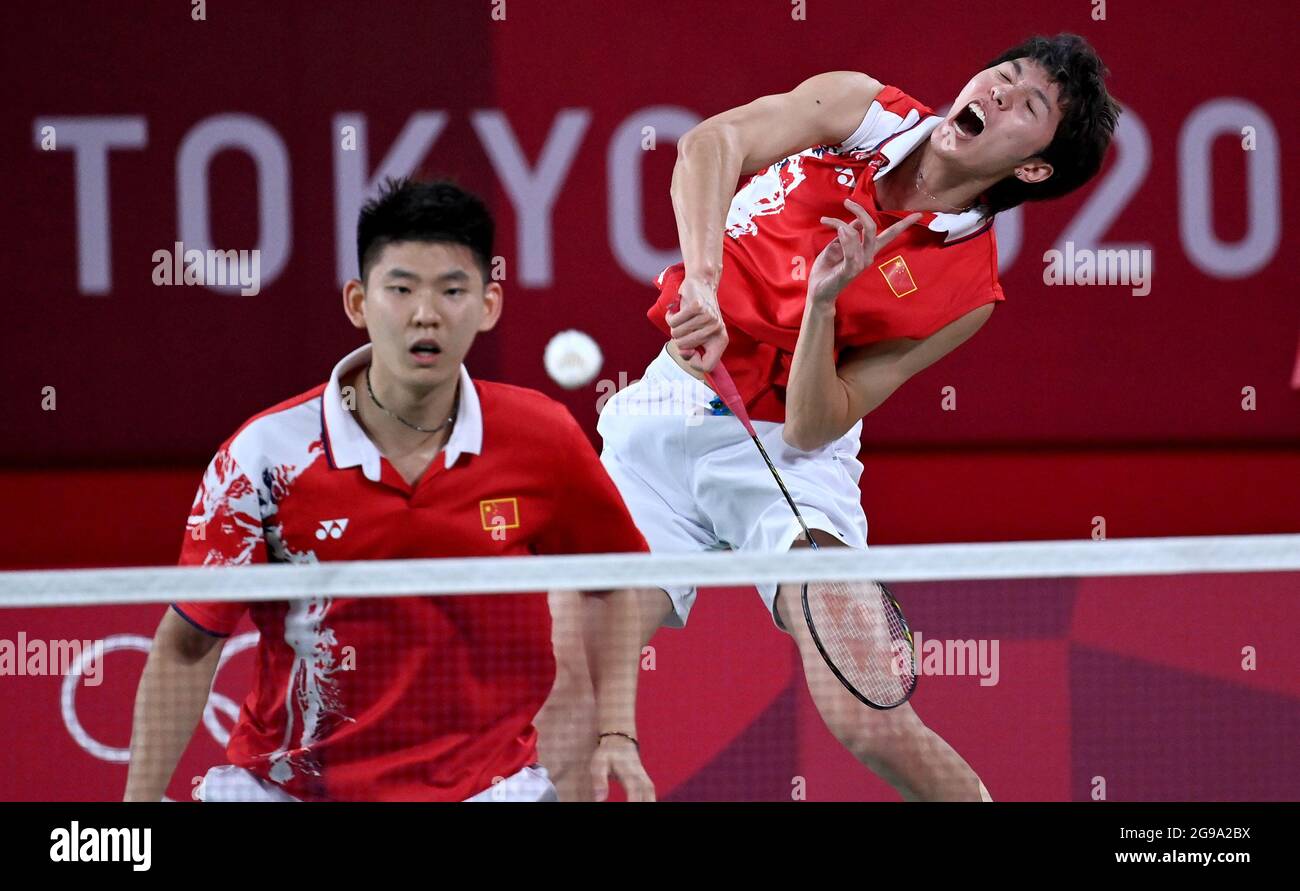 Tokyo, Japan. 25th July, 2021. Li Junhui (R) /Liu Yuchen of China compete during the Tokyo 2020 ...