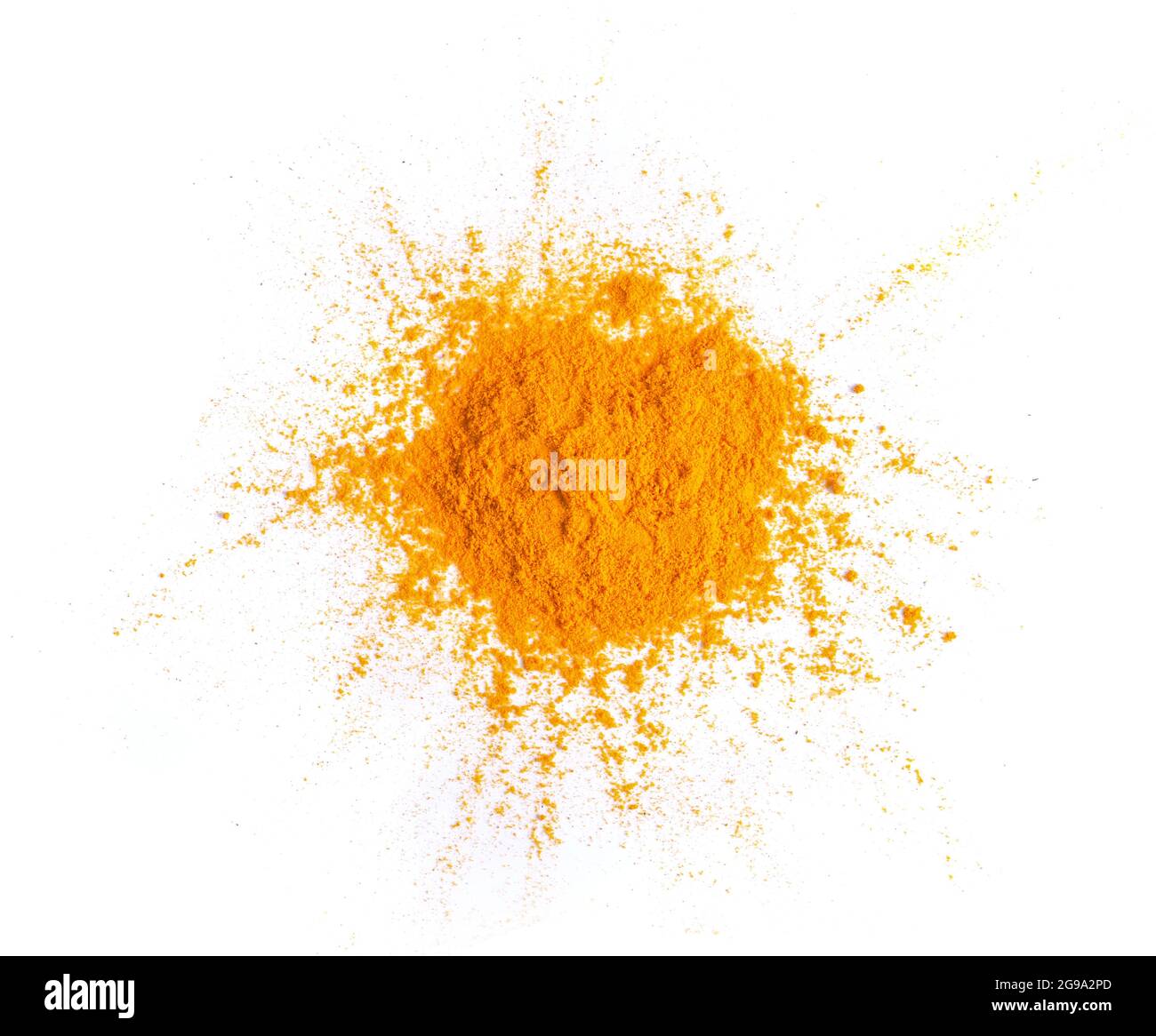 Turmeric (Curcuma) powder pile isolated on white background, top view ...