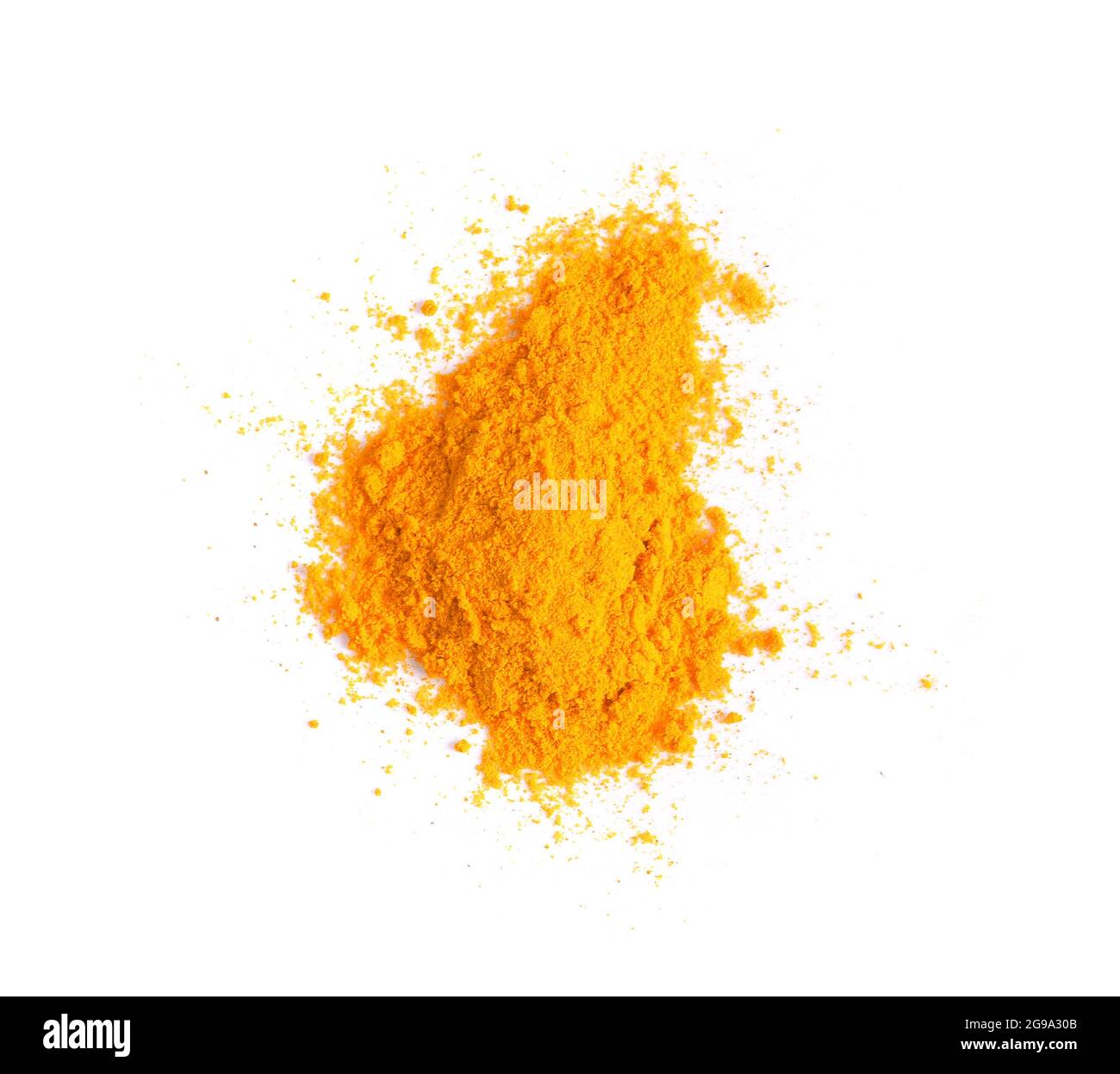 Turmeric (Curcuma) powder pile isolated on white background, top view ...