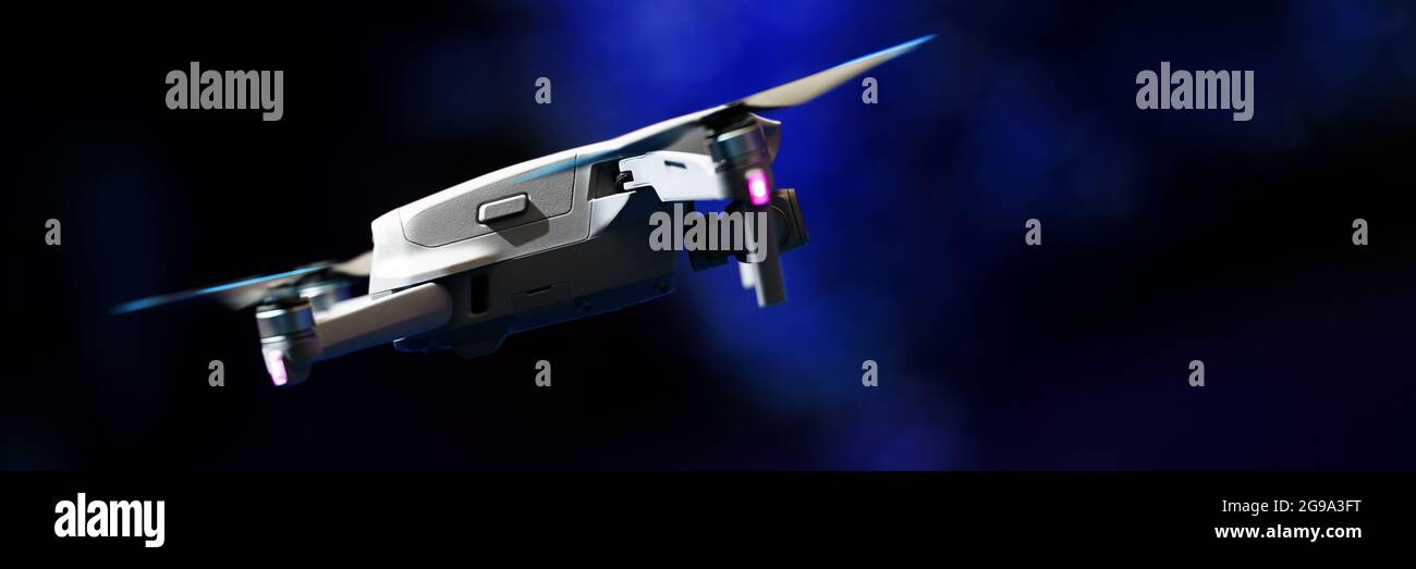A flying drone banner. Airborne quadcopter. Also known as a drone or ...