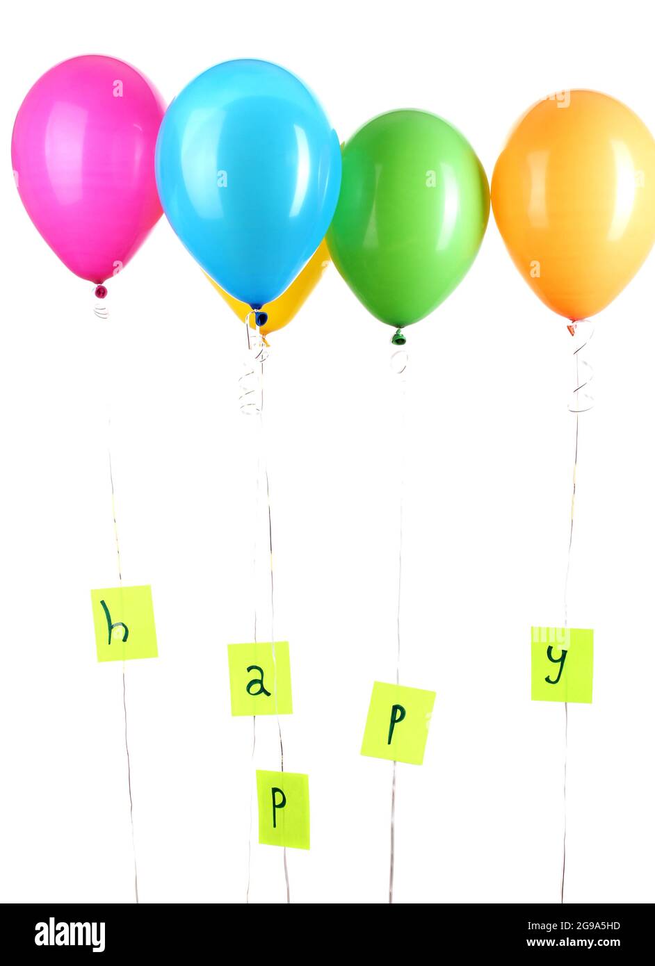 Colorful balloons keeps word happy isolated on white Stock Photo - Alamy