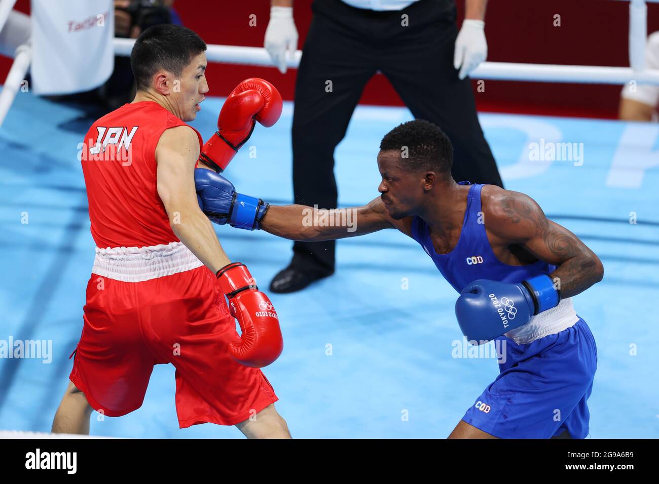 Tokyo, Japan. 25th July, 2021. (L to R) Daisuke Narimatsu (JPN), Fiston ...
