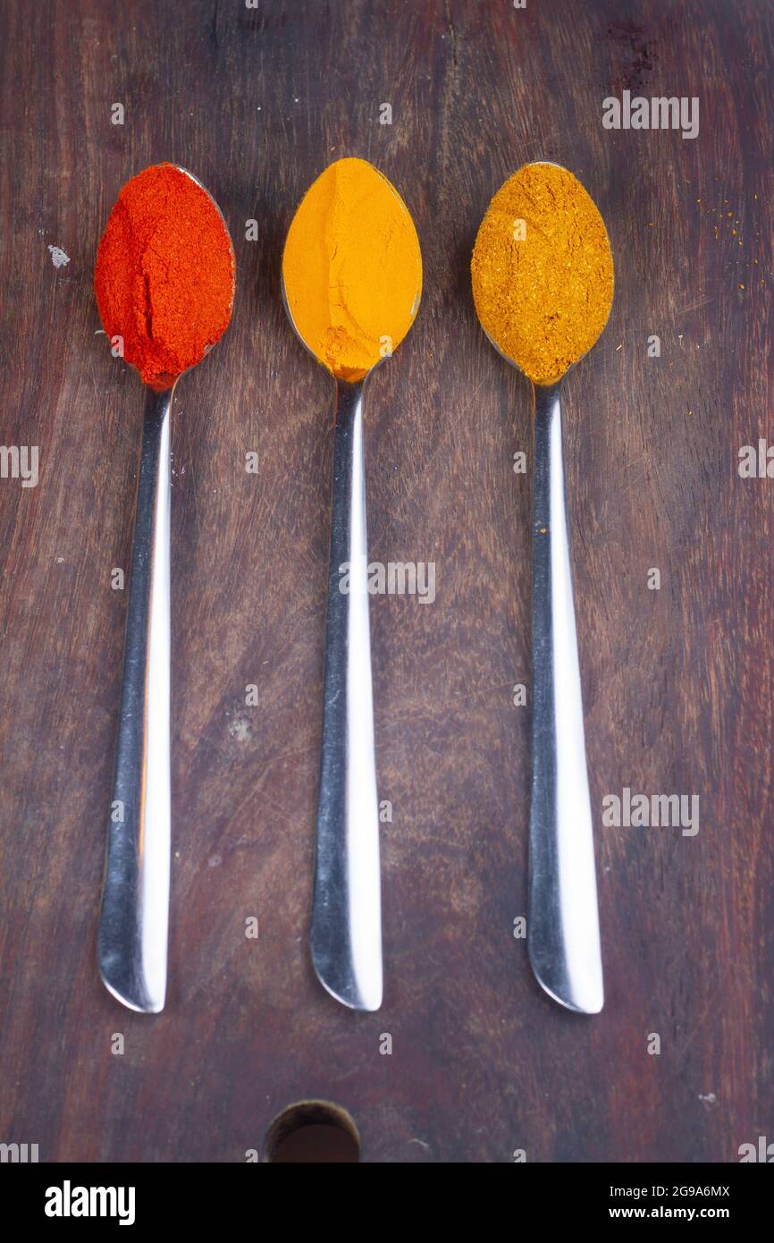 Indian Colourful Spices Also Know as Red Chilli Powder, Turmeric Powder ...