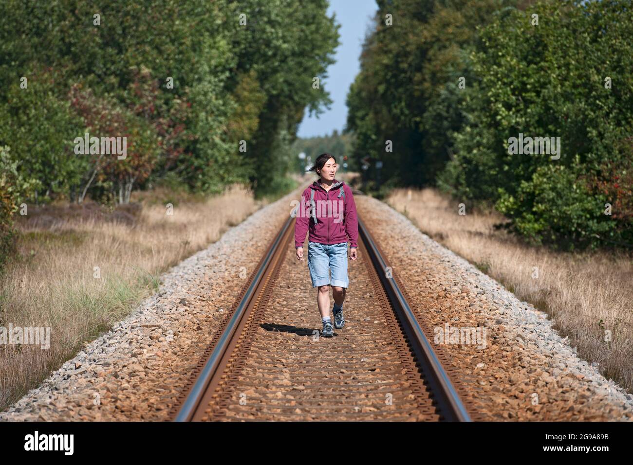 woman hiking on train tracks in the north of Denmark Stock Photo - Alamy