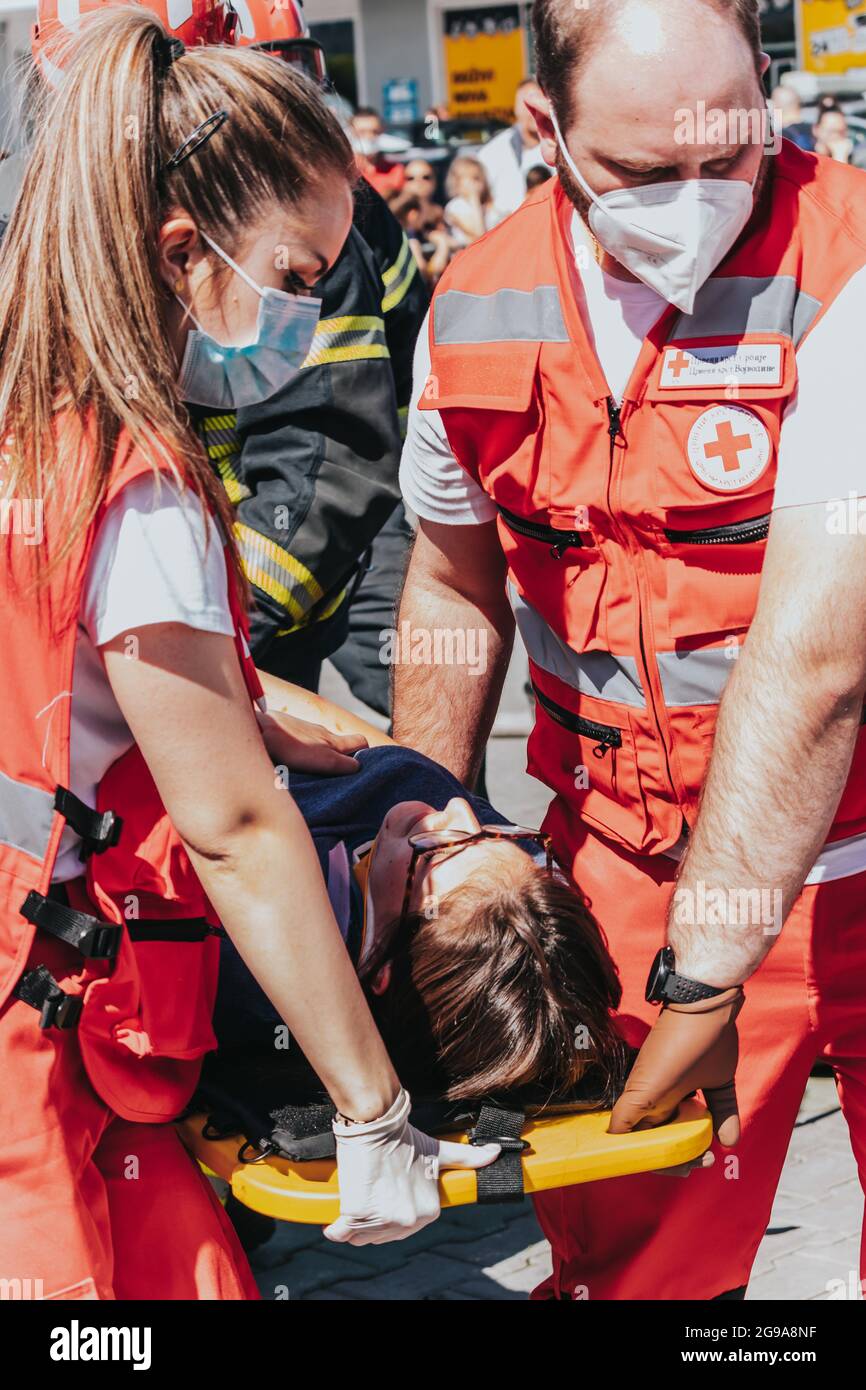 Car accident rescue training event, first aid. Serbia, Pancevo, 15 May ...