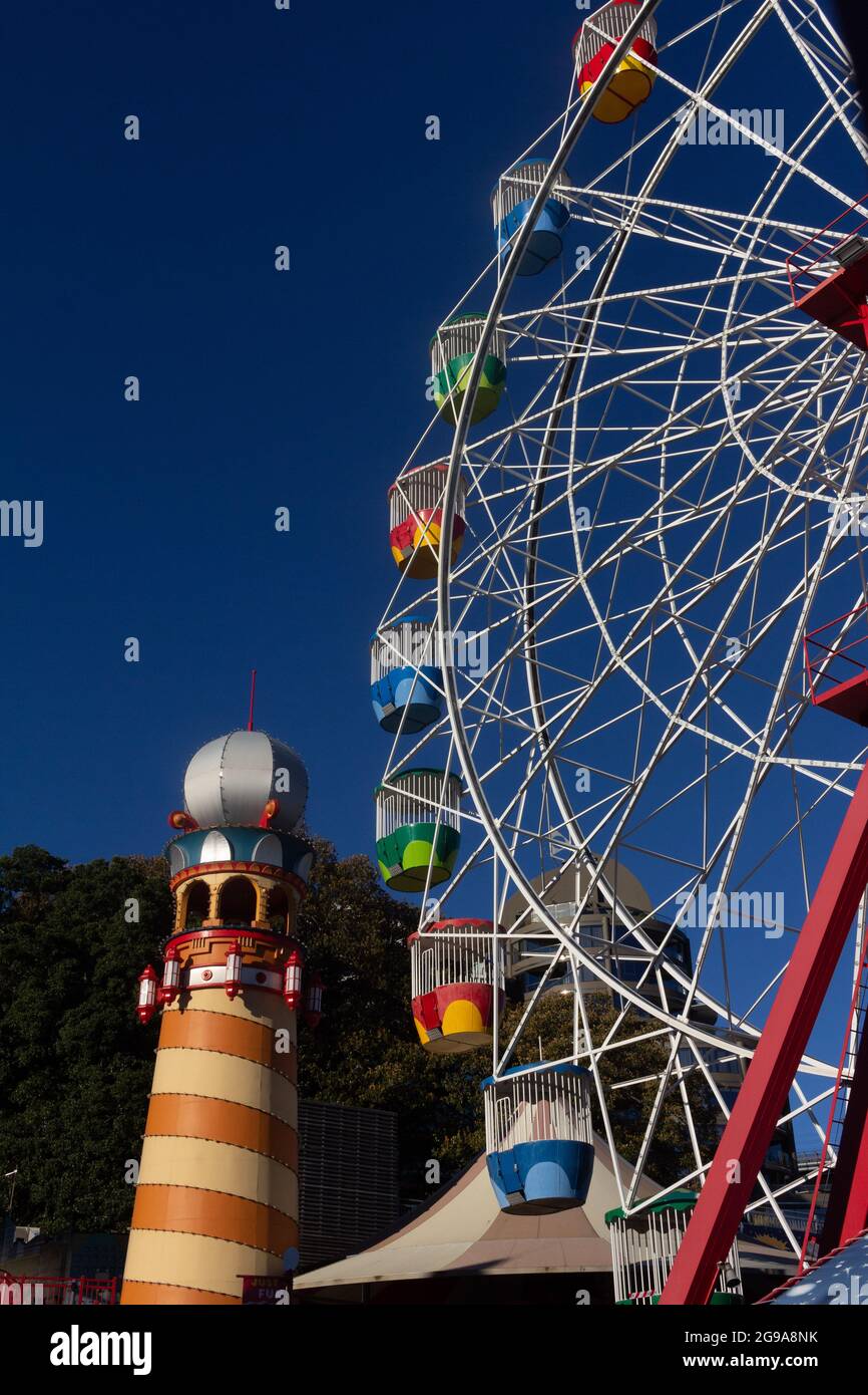 A Colourful ferris wheel carriages at an amusement park Sydney ...