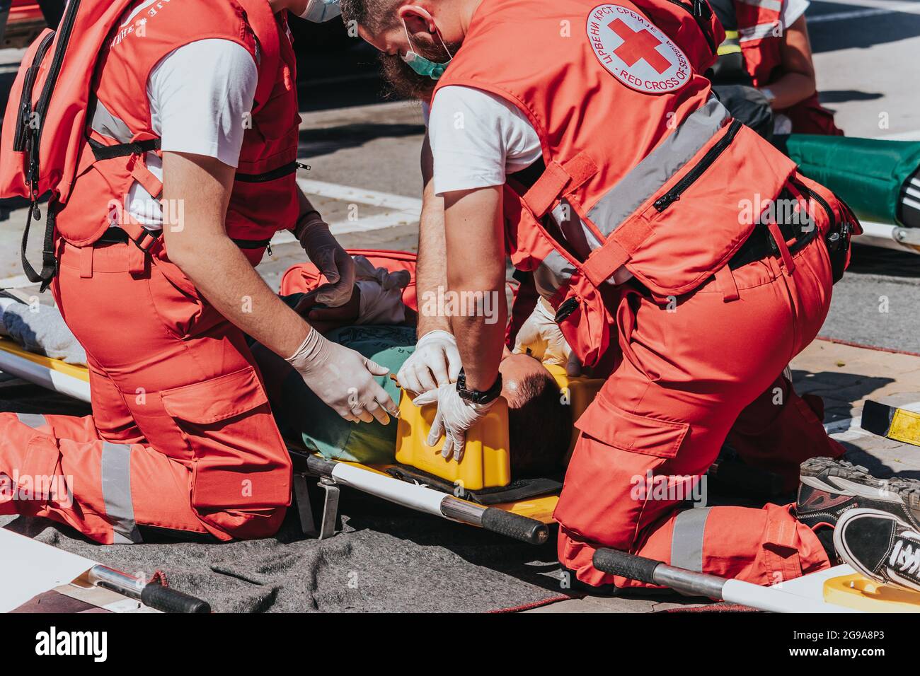 Car accident rescue training event, first aid. Serbia, Pancevo, 15 May ...