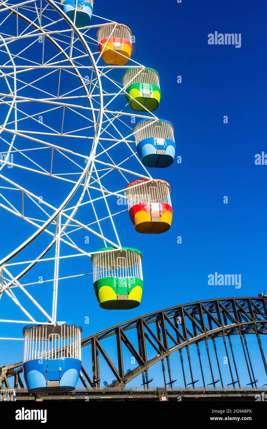 A Colourful ferris wheel carriages at an amusement park Sydney ...
