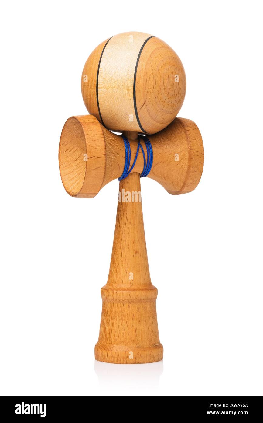 Classic wooden kendama toy with blue threads isolated on white ...