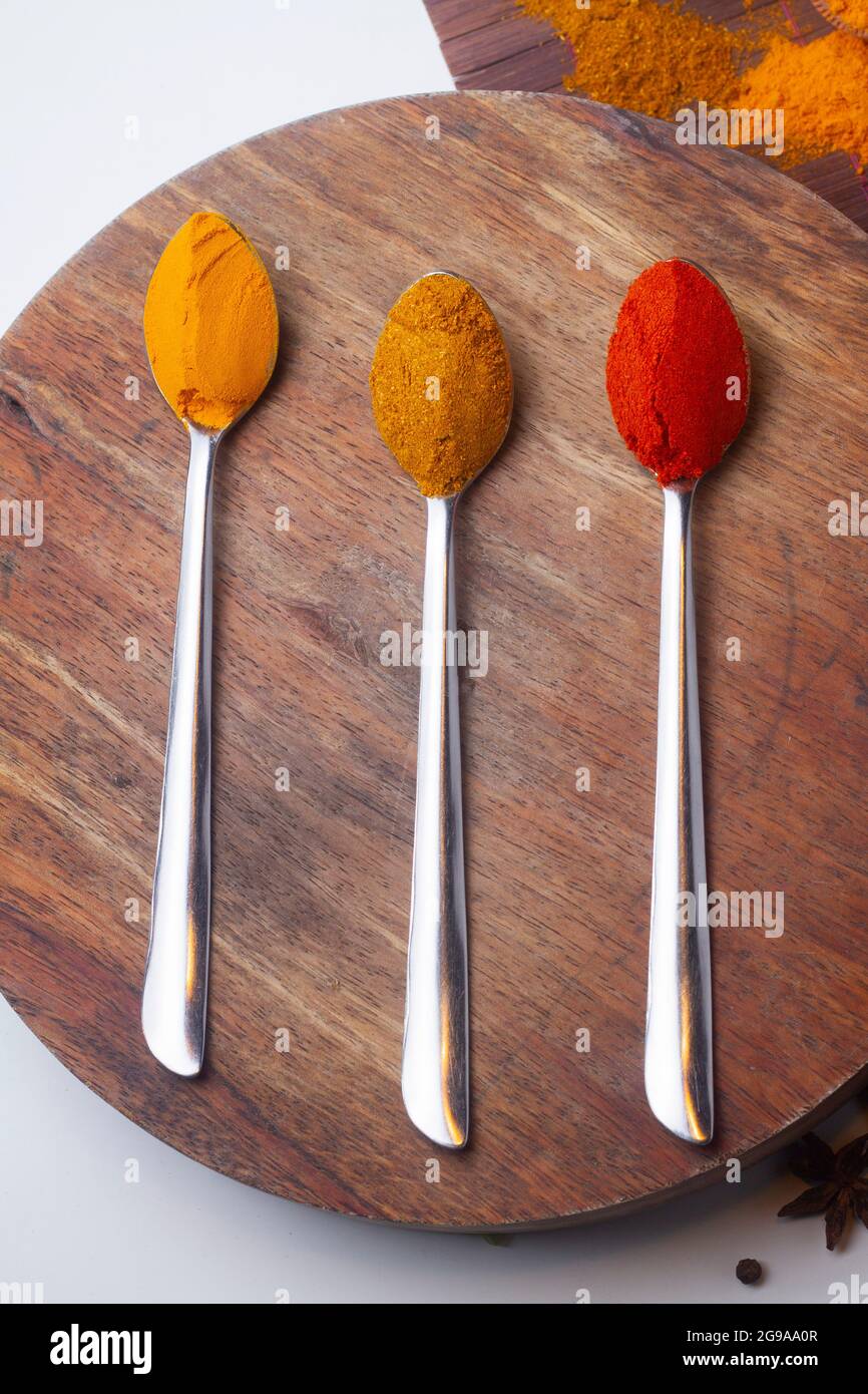Indian Colourful Spices Also Know as Red Chilli Powder, Turmeric Powder ...