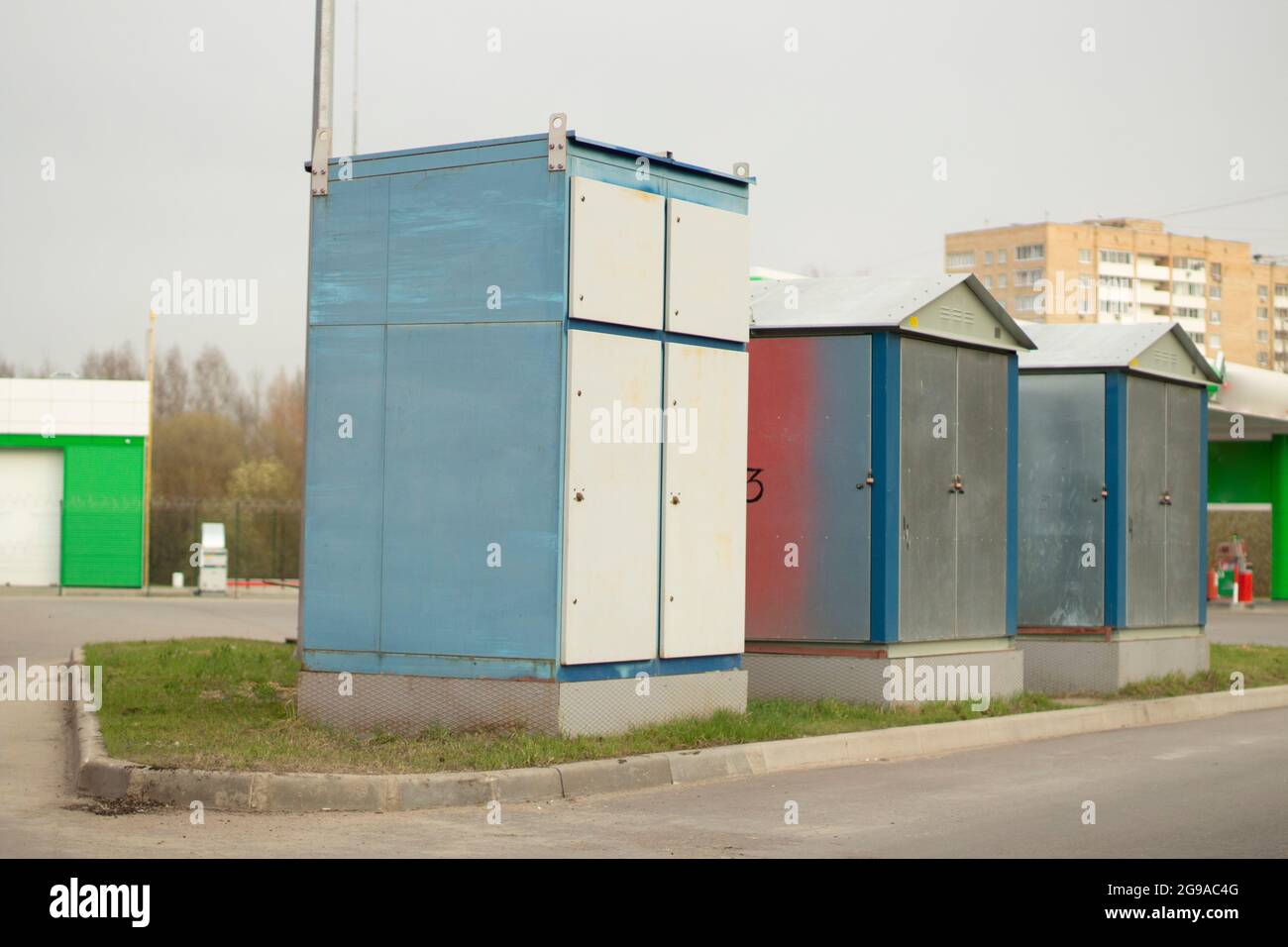 An electric transformer to power the building. Electric voltage. A ...