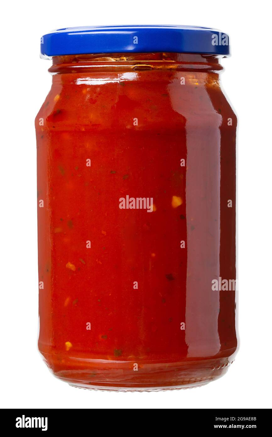 Tomato sauce jar isolated on white background, full depth of field ...