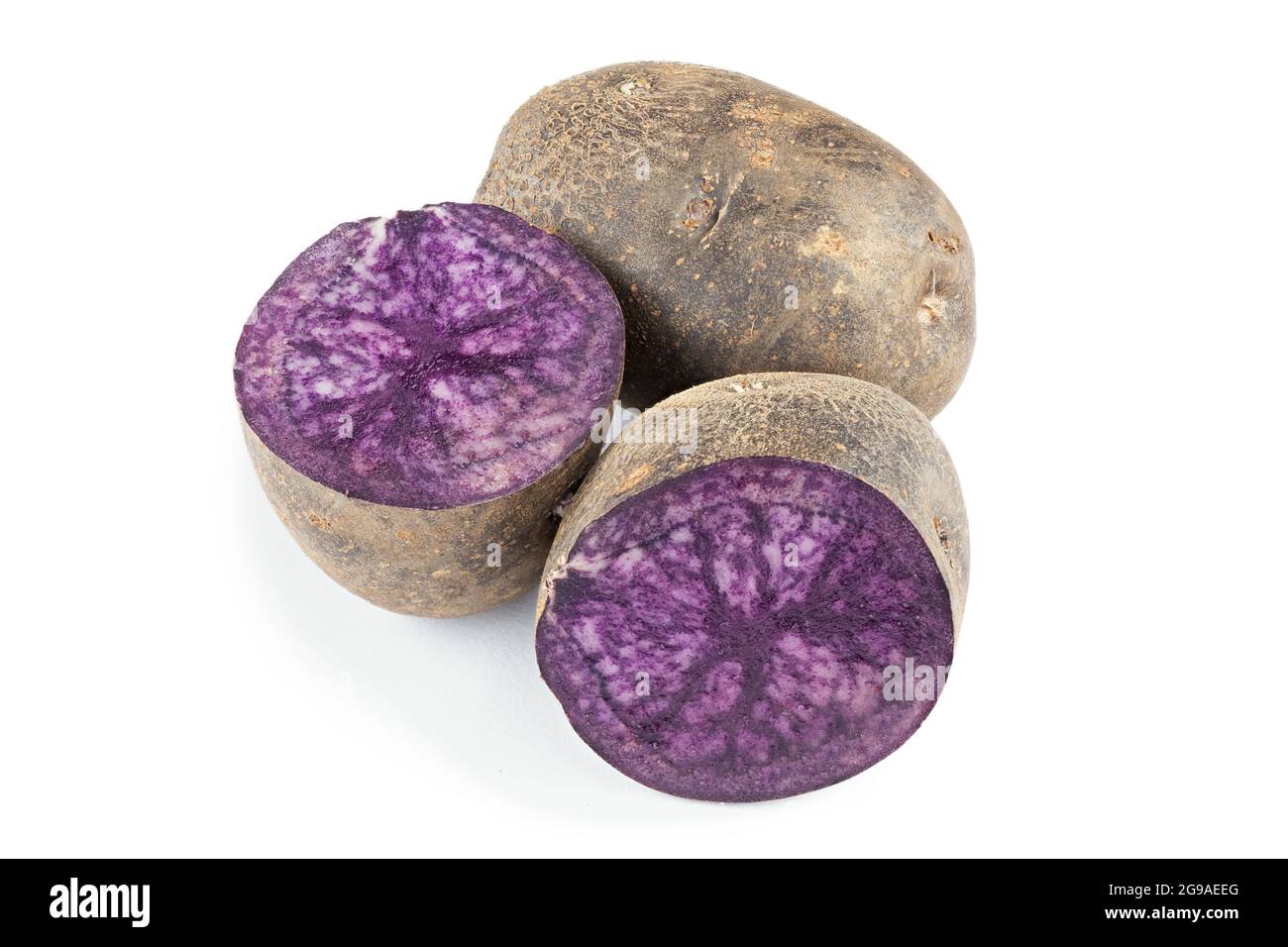 Fresh purple potatoes isolated on a white background. Harvest of ...