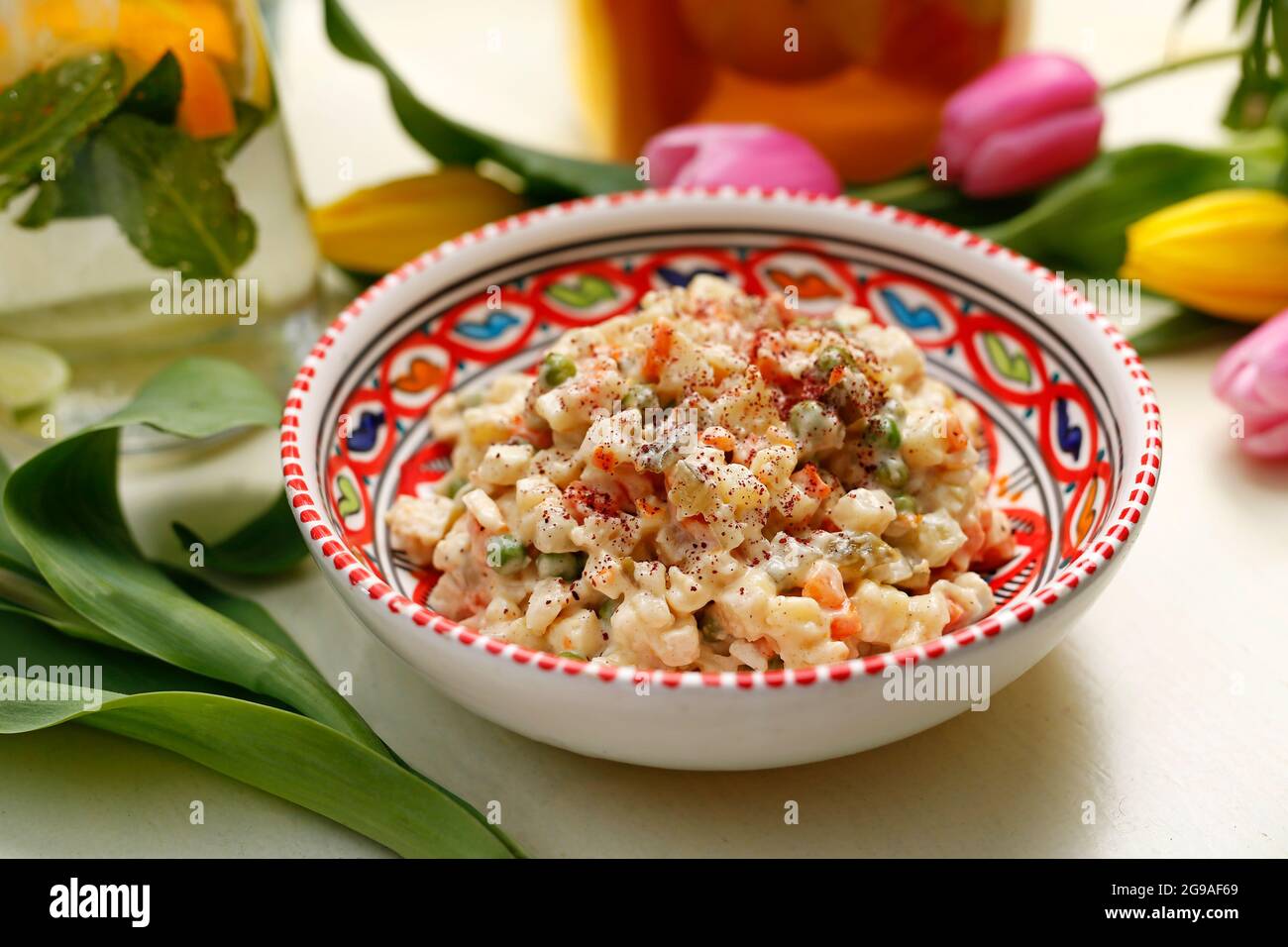 Vegetable salad with mayonnaise. A colorful appetizing dish. Culinary ...