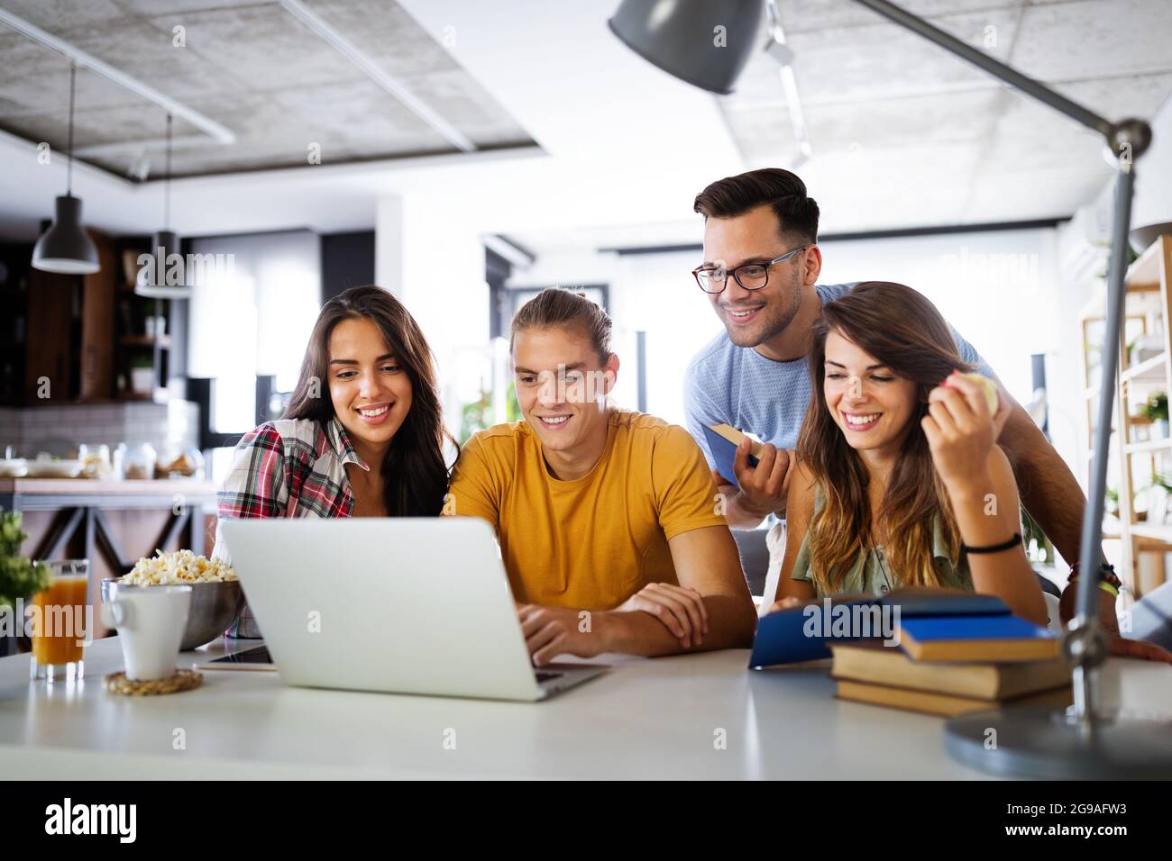 Group of friends, students discussing brainstorming at meeting ...