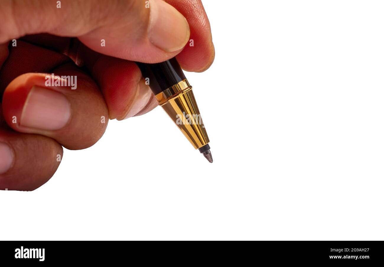 A closeup of a left-handed person holding a pen isolated on a white ...