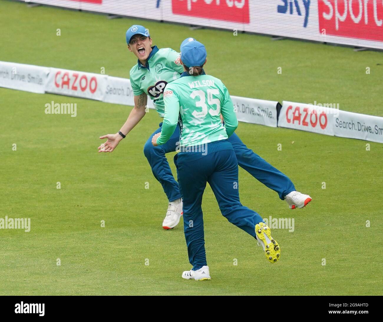 Grace Gibbs (left) of the Oval Invincibles catches out Heather Knight ...