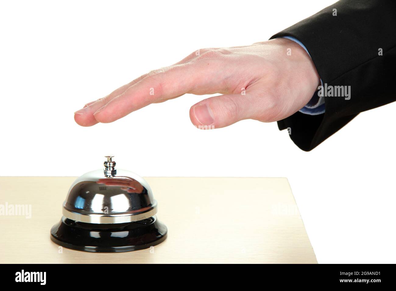 Hand ringing in service bell isolated on white Stock Photo - Alamy