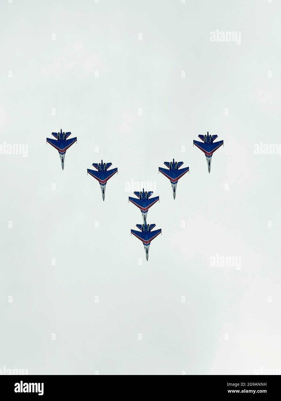 Fighters Su-35 Russian Knights are seen in the sky over Zhukovsky. A ...