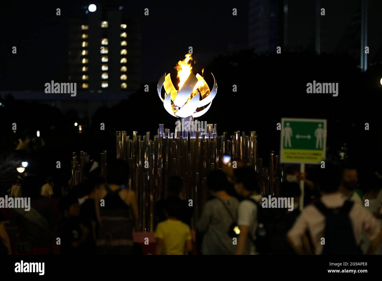 JULY 25, 2021 : People see the olympic cauldron at the Yume-no-ohashi ...