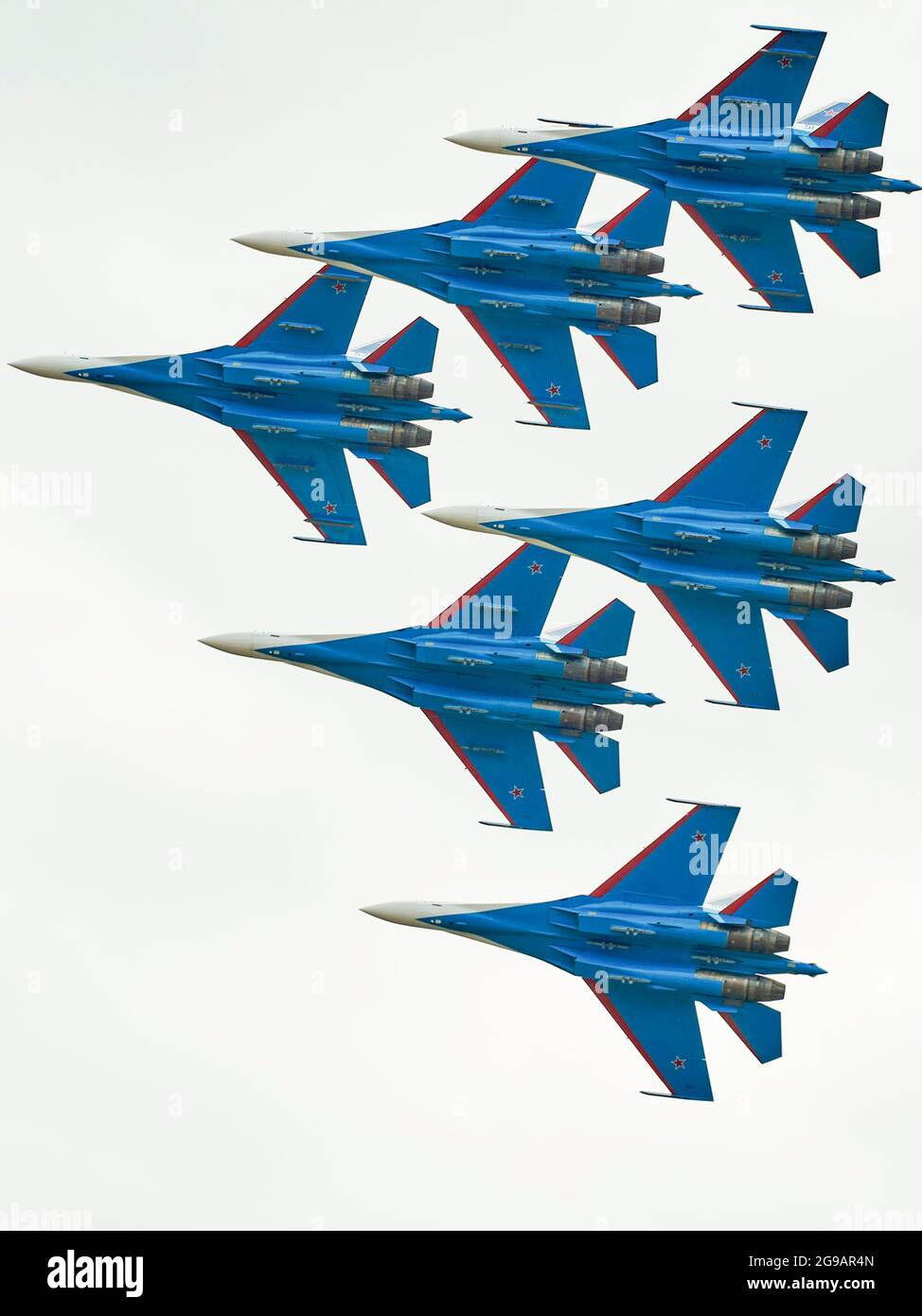 A dense formation of Su-35 fighters of the Russian Knights in the sky ...