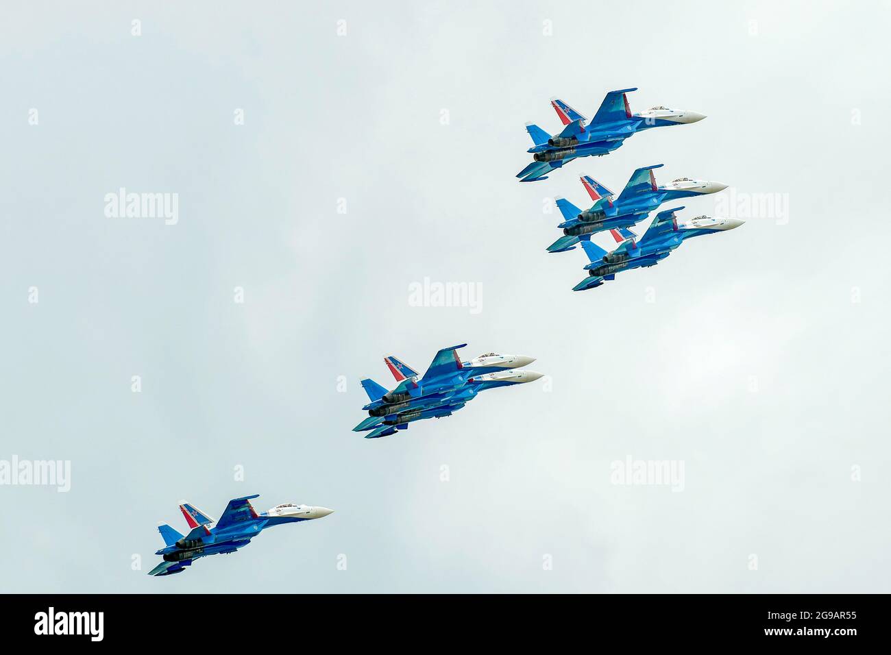 A dense formation of Su-35 fighters of the Russian Knights in the sky ...
