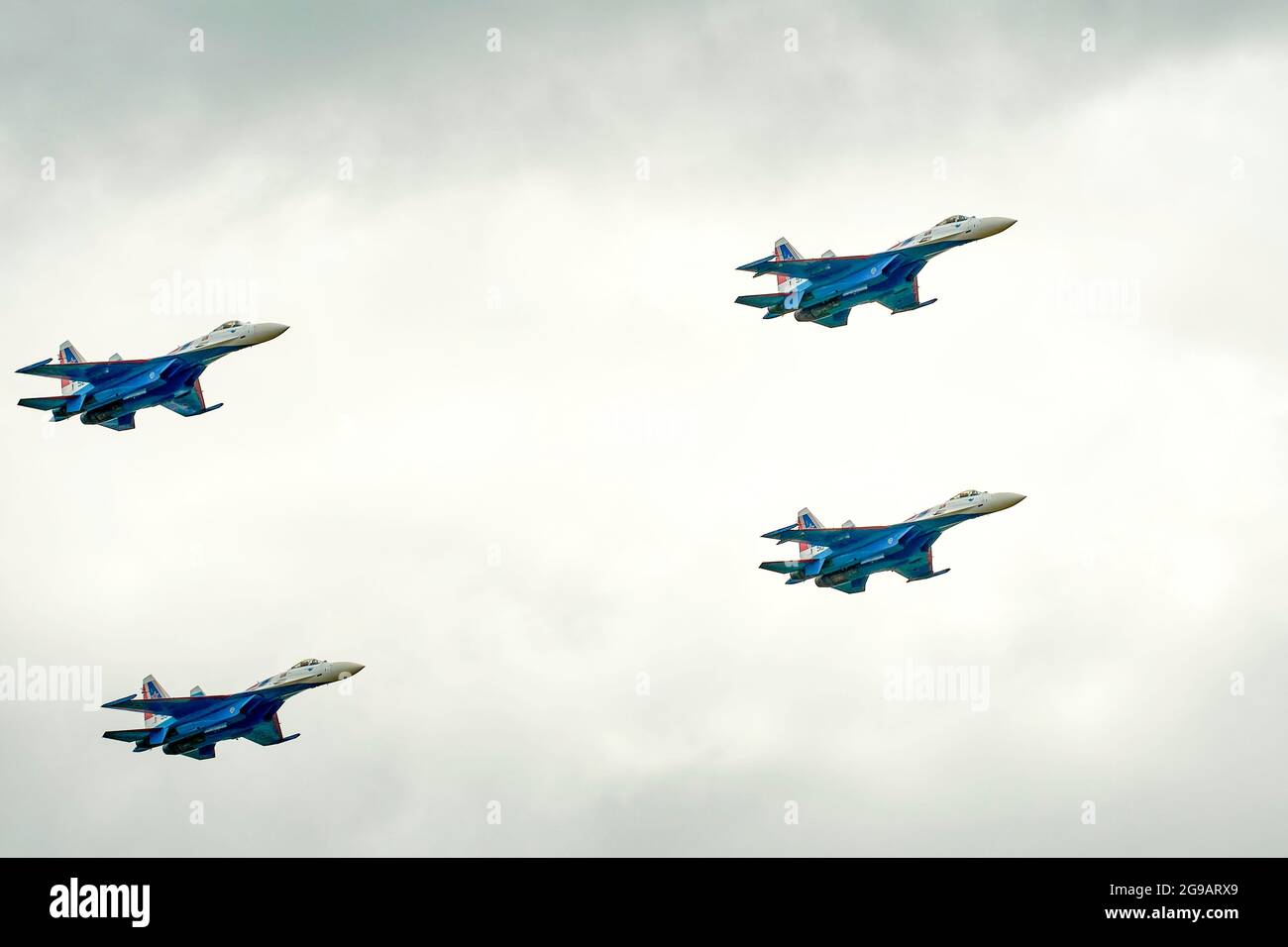 Two pairs of Su-35 Russian knights seen in the sky over Zhukovsky. A ...