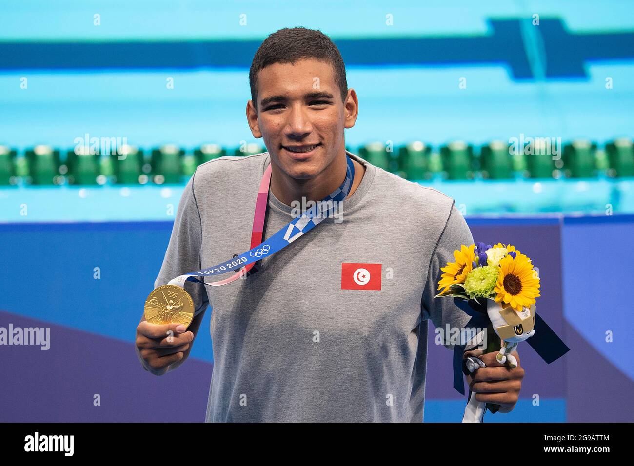 Winner Ahmed HAFNAOUI (TUN, 1st place, gold medal, left) presents his ...