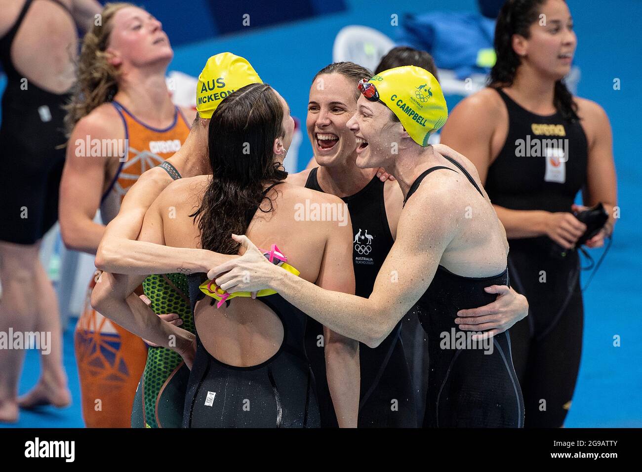 The Australian swimmers cheering at the finish; Series; 4 x 100m ...