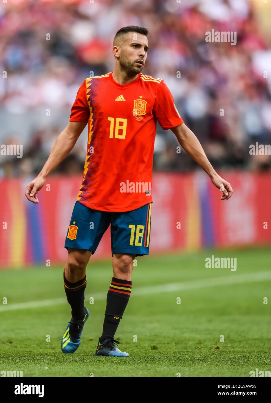 Moscow, Russia - July 1, 2018. Spain national football team left-back Jordi Alba during FIFA ...