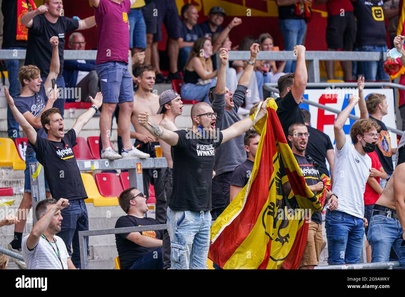 MECHELEN, BELGIUM - JULY 25: fans of KV Mechelen celebrating during the ...