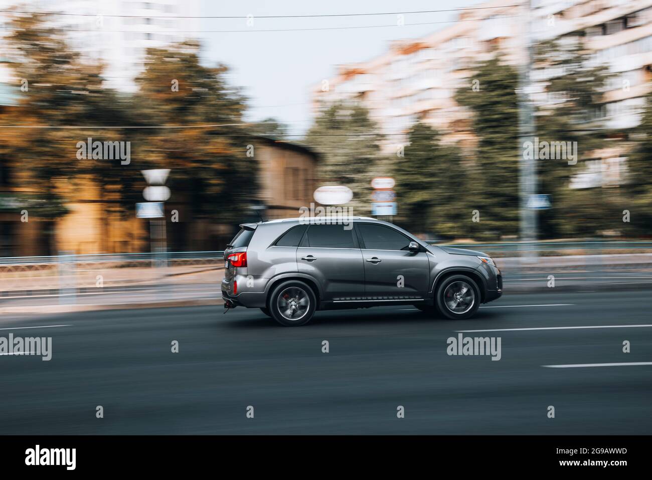 Ukraine, Kyiv - 16 July 2021: Silver KIA Sorento car moving on the ...
