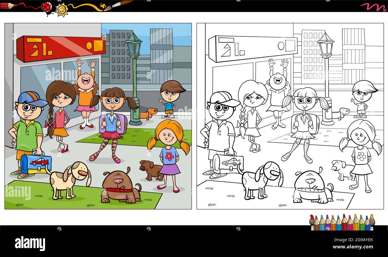 Cartoon illustration of children and dogs characters group in the city ...