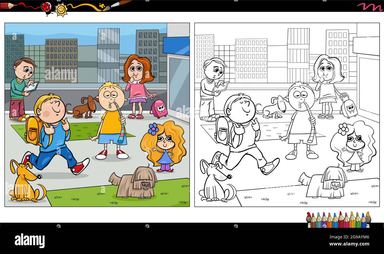 Cartoon illustration of kids and dogs characters group in the city ...