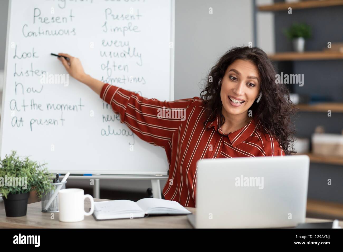 English teacher showing explaining grammar rules to students online ...