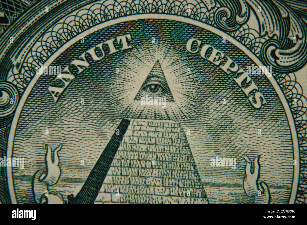 Pyramid symbol of the United States on a one dollar on dollar bill ...